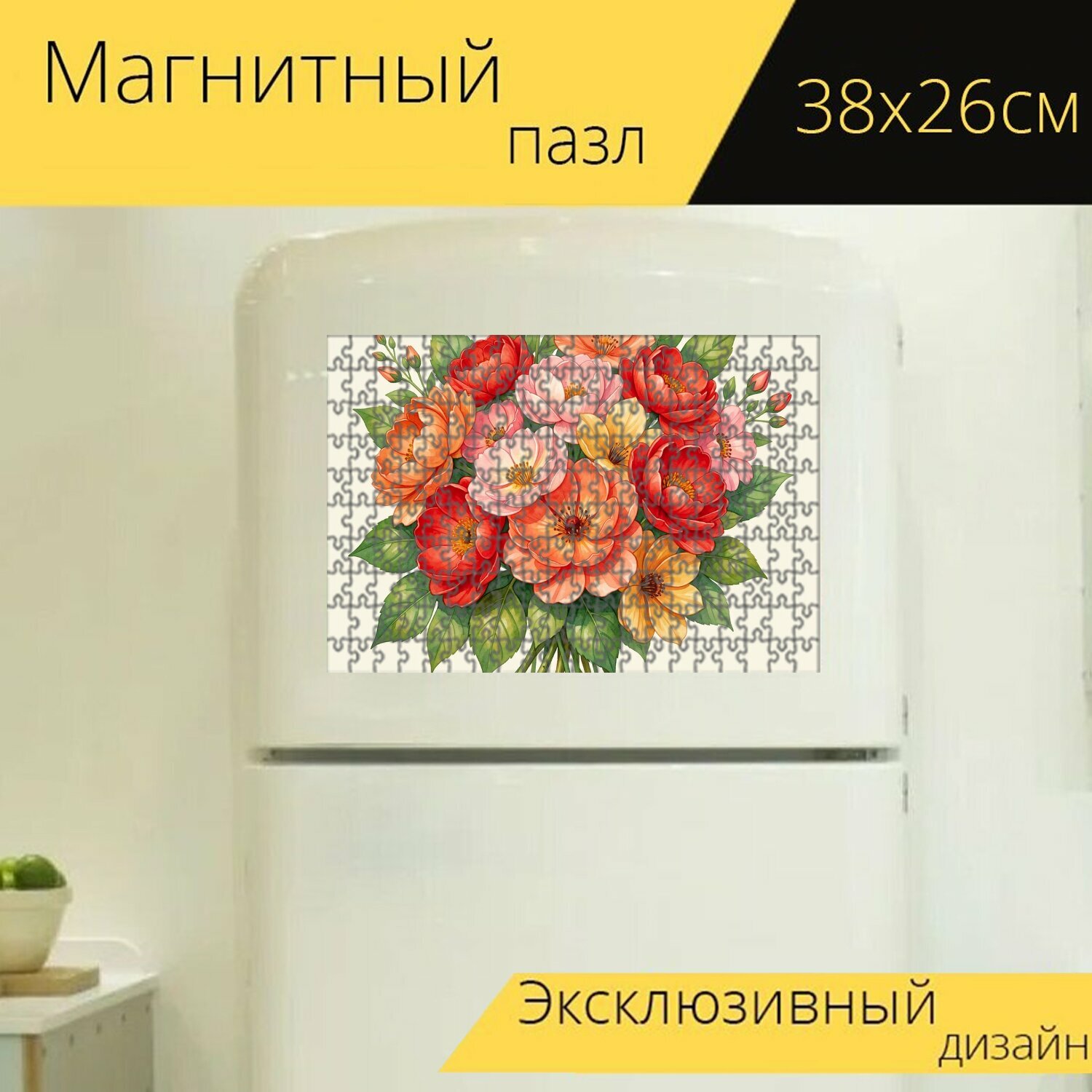 Магнитный пазл "Букет садовых цветов акварель. Нежная ботаническая иллюстрация с пышной композицией из розовых, коралловых, алых и персиковых лепестков." для интерьера, 38х26 см.