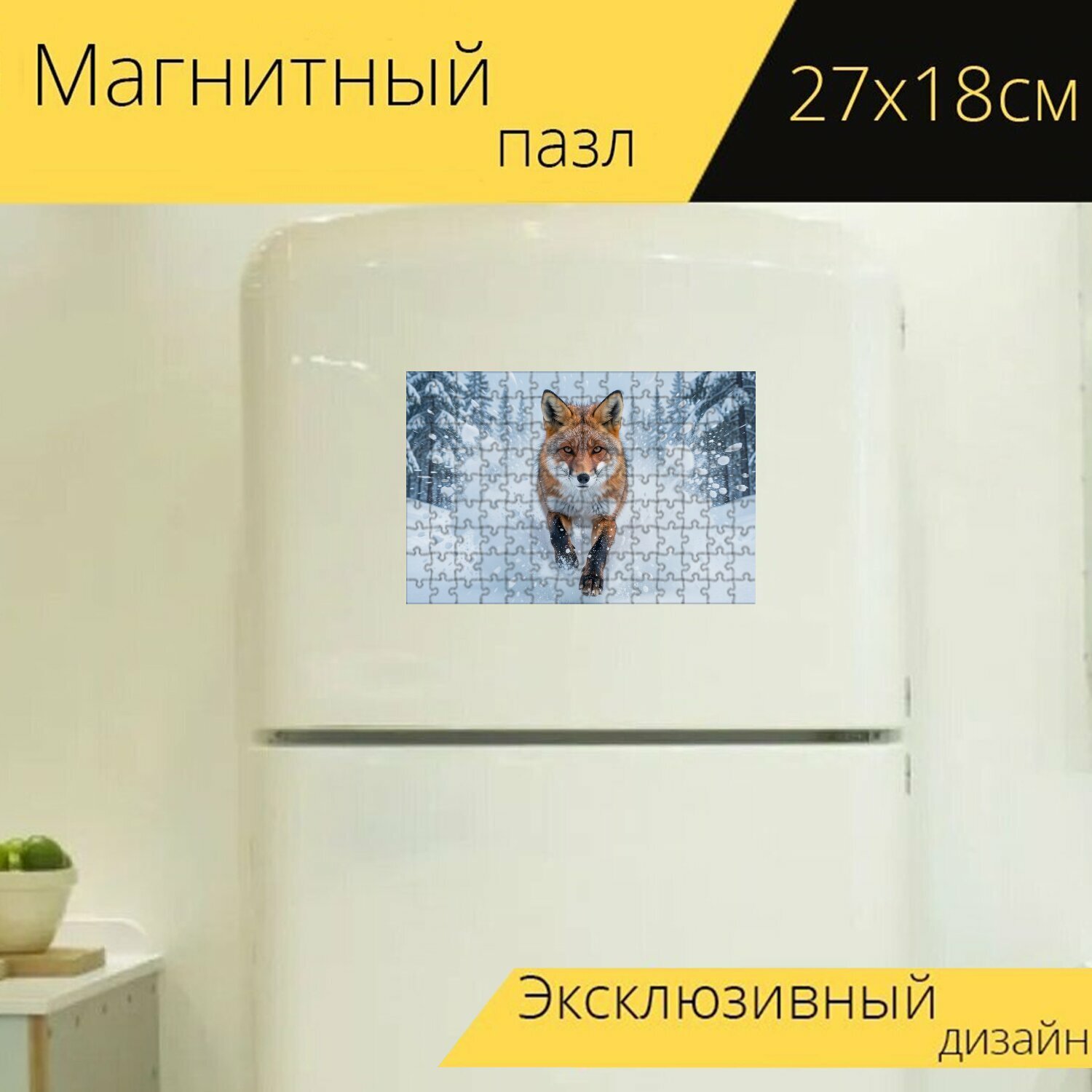 Магнитный пазл "Лиса в зимнем лесу. Рыжая хищница бежит по глубокому снегу среди заснеженных елей. Реалистичная цифровая иллюстрация в холодных." на холодильник 27 x 18 см.