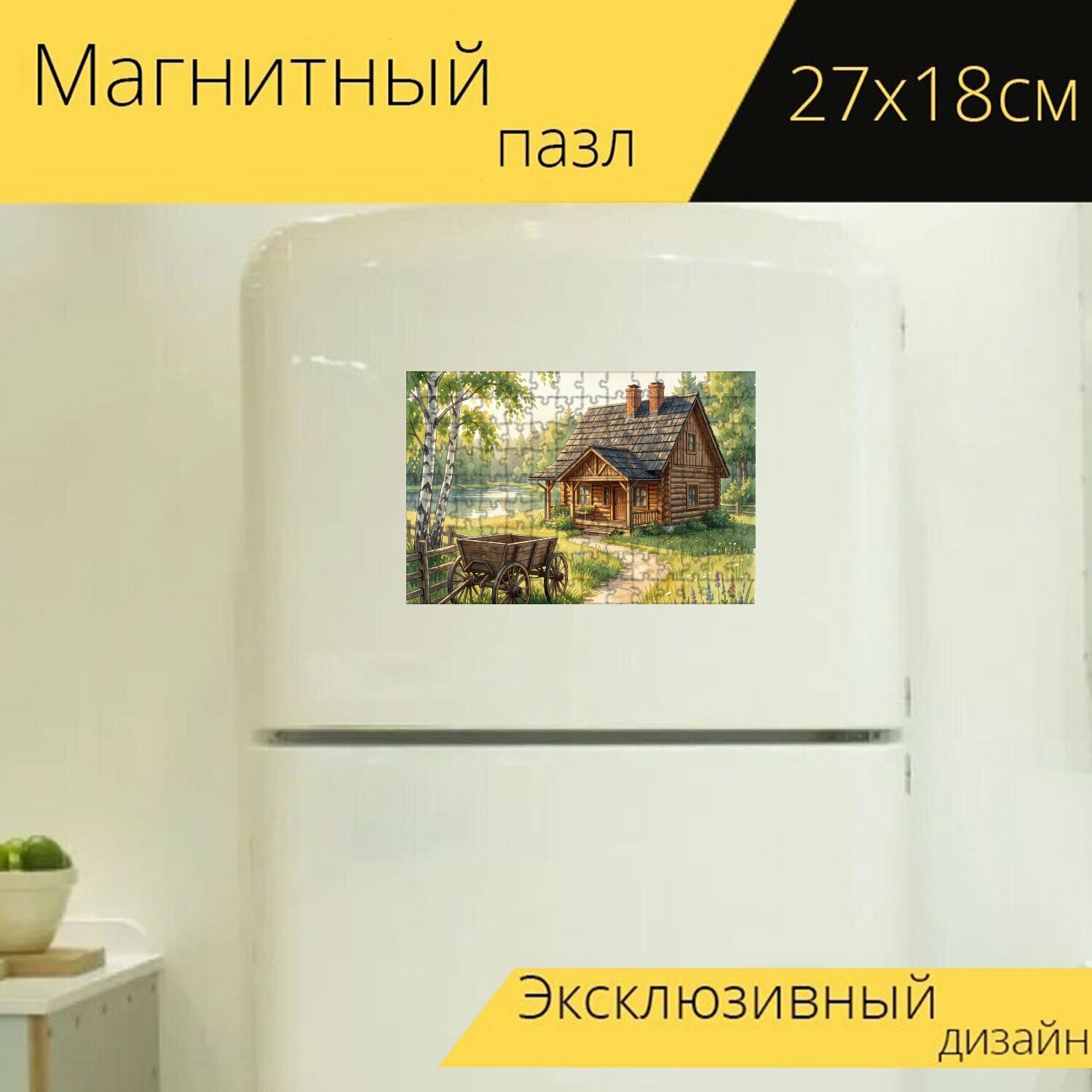 Магнитный пазл "Деревенский дом у озера. Уютная бревенчатая избушка на берегу водоема среди берез и хвойного леса, с телегой, тропинкой и луговыми." на холодильник 27 x 18 см.