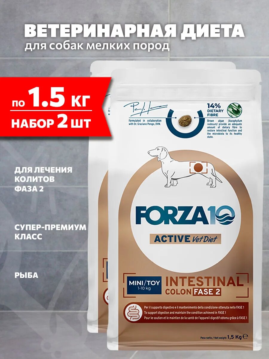 Корм сухой Forza10 Dog Active Vet Diet Intestinal Colon Fase 2 Active для собак маленьких пород с рыбой, 1,5 кг х 2 шт