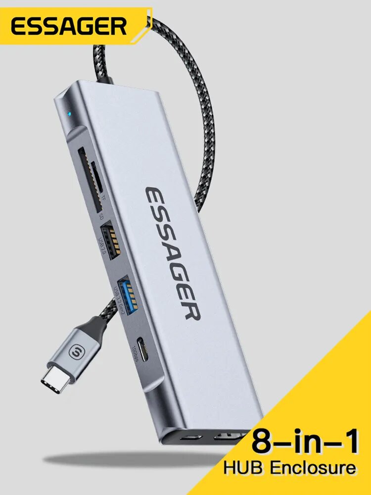 Essager USB-хаб type c адаптер 8 в 1 Переходник для Macbook, USB разветвитель, HDMI, USB 3.2, USB 2.0,10Gbps, SD, TF