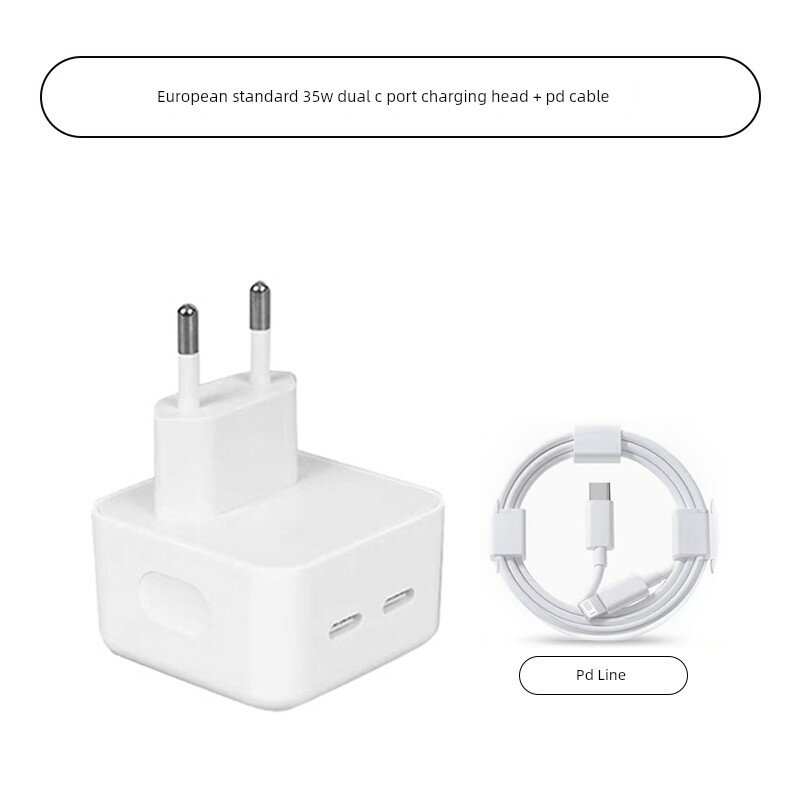 Европейский 35W двухпортовый адаптер Type-C с кабелем PD для iPhone 8-14