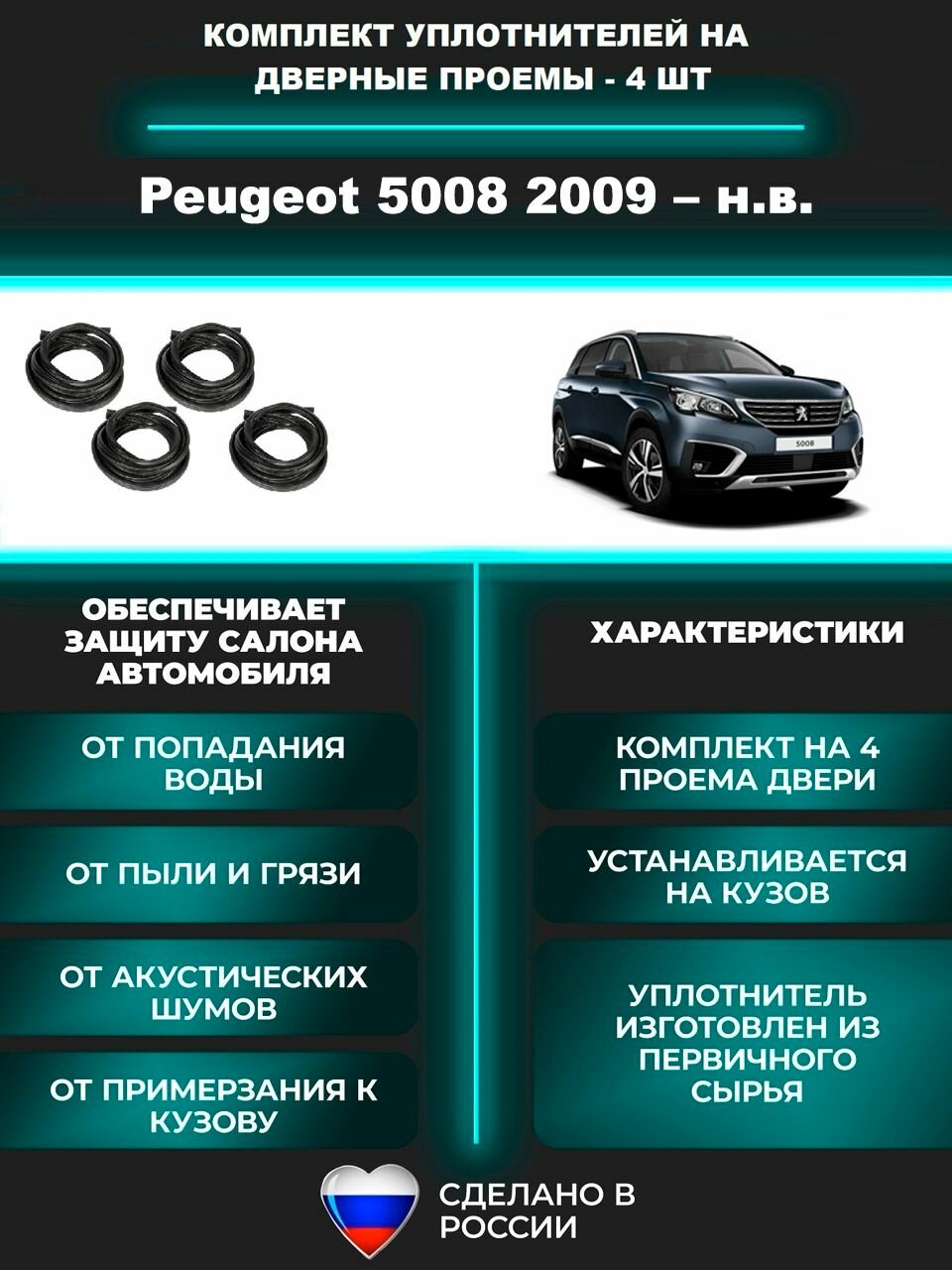 Комплект уплотнителей на проем дверей для Peugeot 5008 2009-н. в. / резинка для Пежо / Пежот 5008 4 штуки