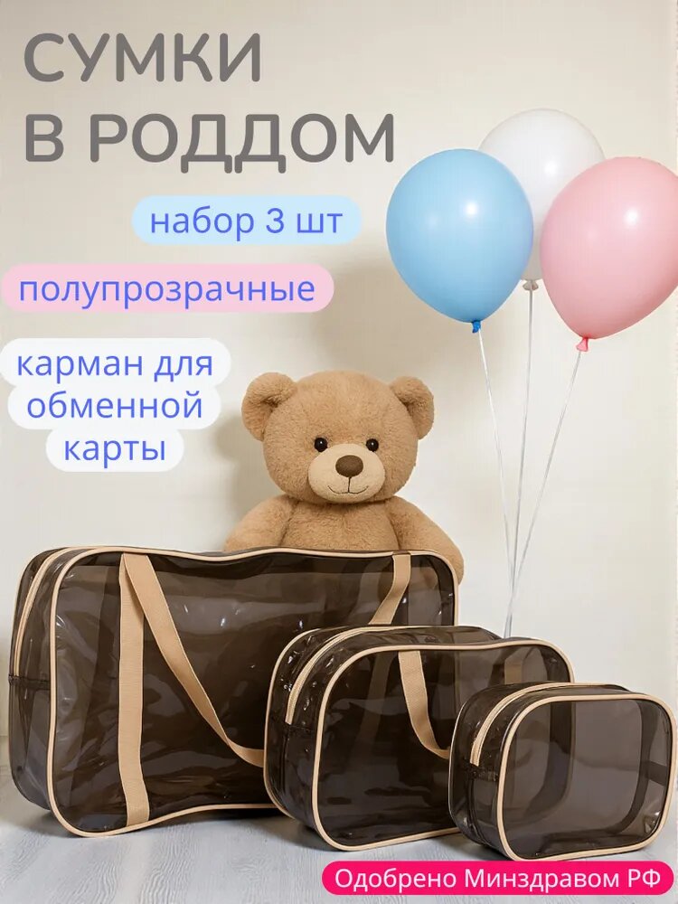 Прозрачный набор сумок в роддом, 3 шт, темно-коричневый, 120 микрон