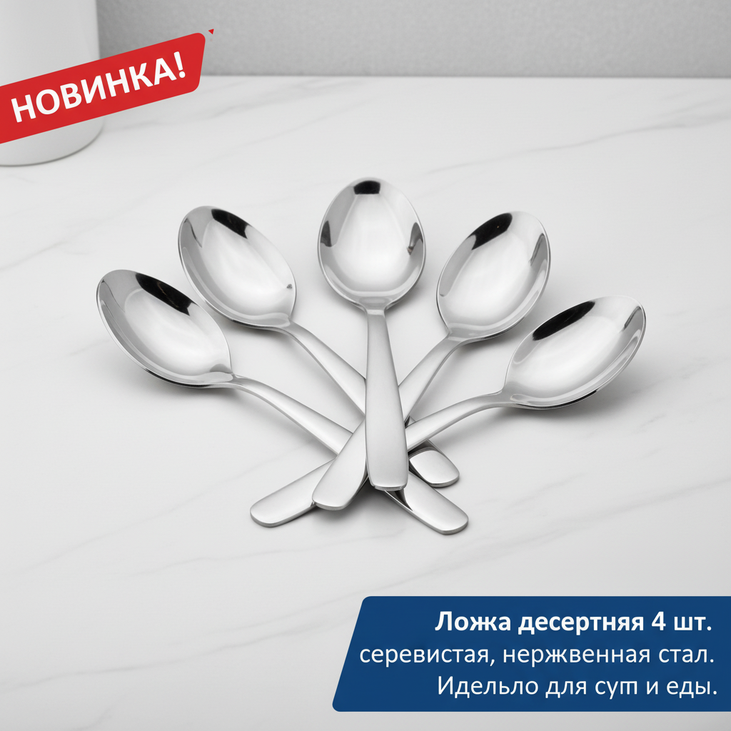 Ложка десертная 4 шт. серебристая, нержавеющая сталь, для супа и еды