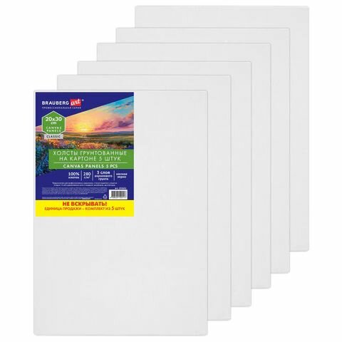 Холсты на картоне набор 5 штук (20х30 см), хлопок, 280 г/м2, грунт, BRAUBERG ART CLASSIC, 192651