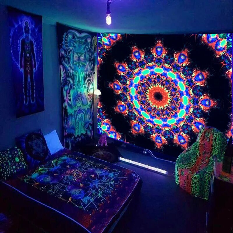 Психоделический гобелен мандала, 200x150см, бирюзовый, 06