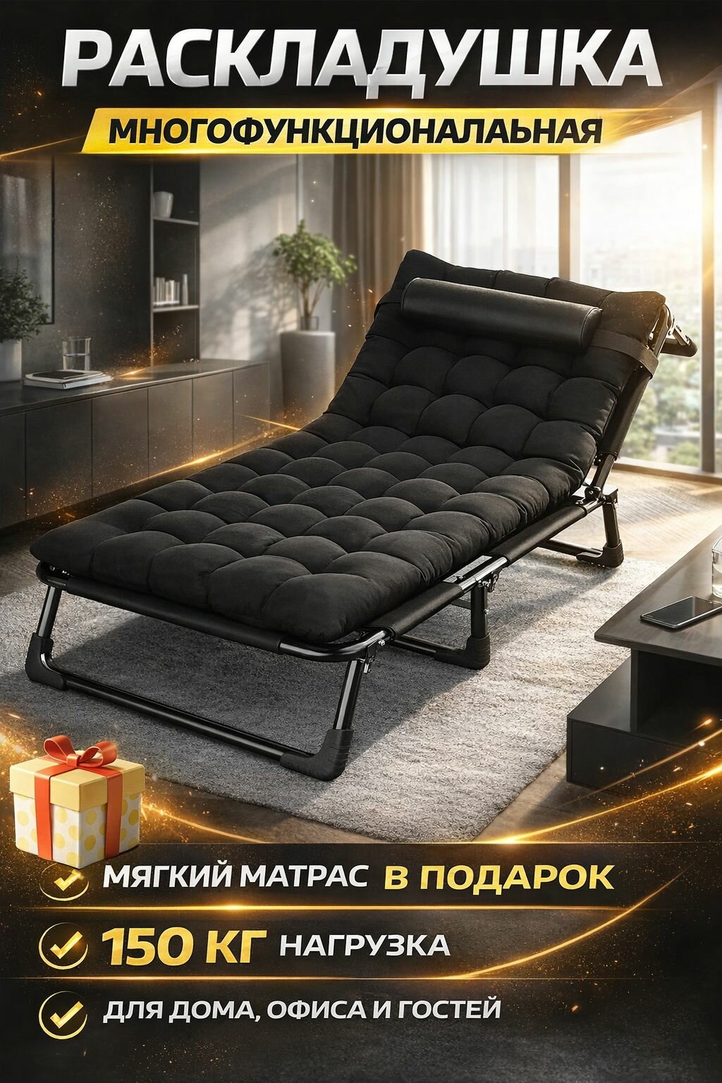 Складная кровать с матрасом для взрослых, туристическая раскладушка для дома и офиса, удобное решение для сна и отдыха.