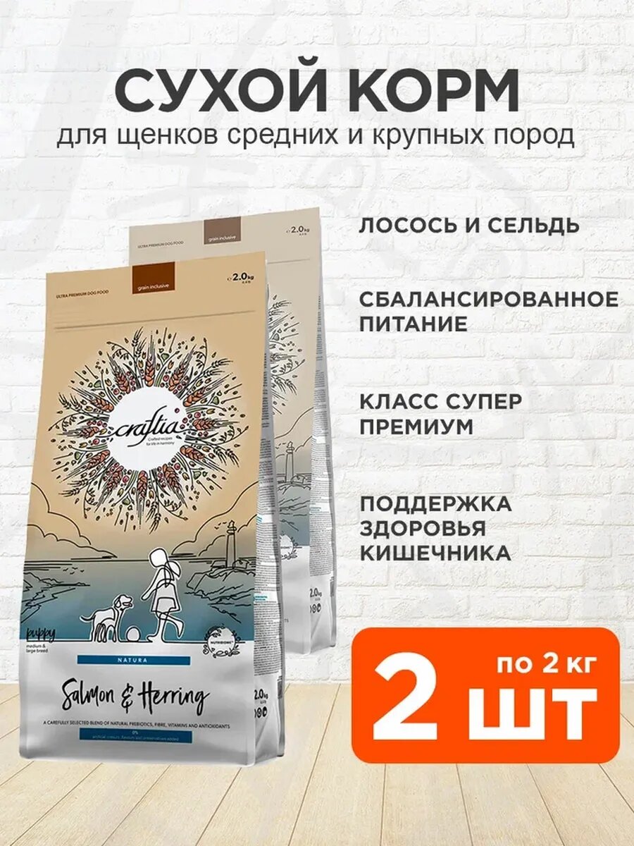 Корм сухой Craftia Natura Puppy Medium&Large Salmon&Herring для щенков средних и крупных, лосось и сельдь, 2 кг х 2 шт