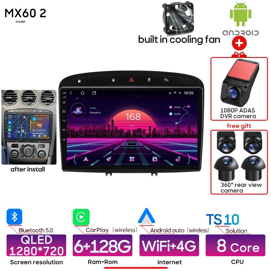 Android автомагнитола 2din для Peugeot 308 6+128G WiFi+4G