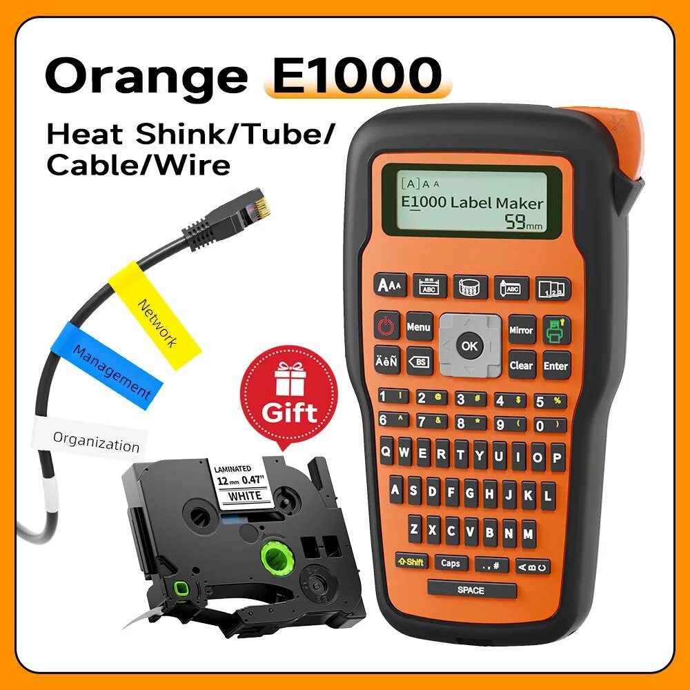 Orange E1000 Label Maker для кабелей и проводов, с подарочным картриджем