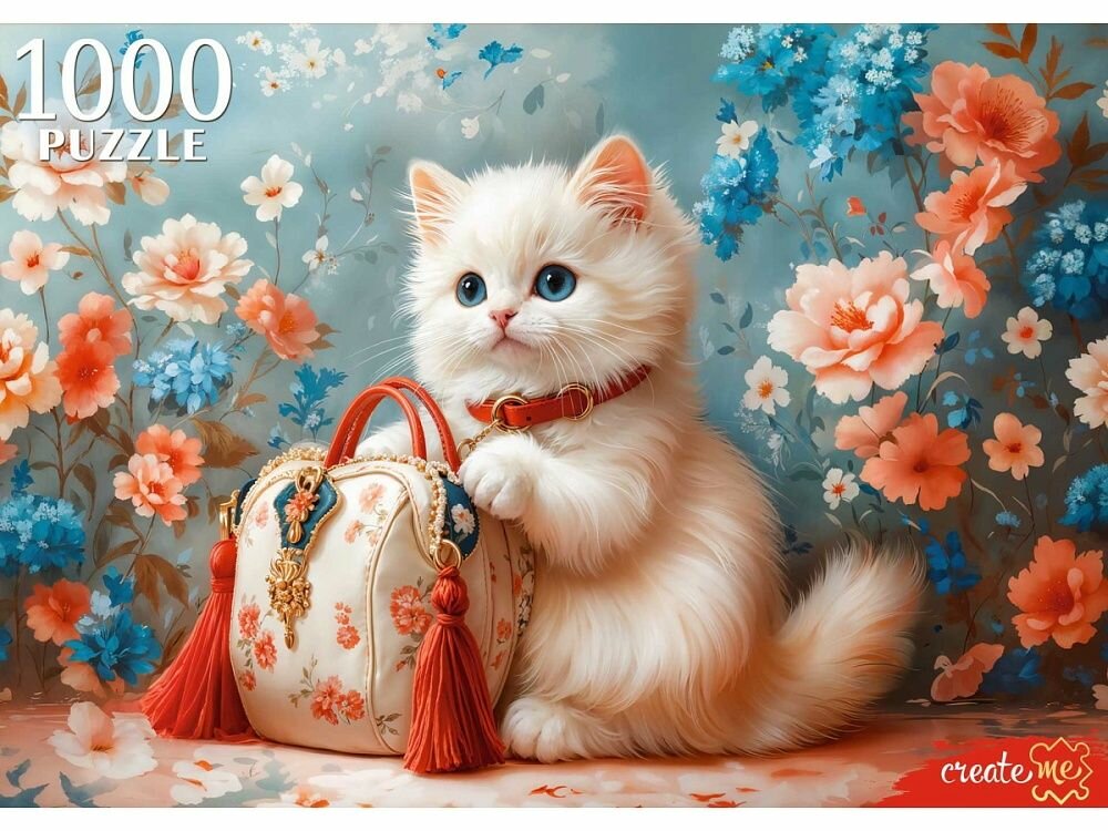 Пазл Рыжий Кот Ф1000-8729 "Кошка с сумочкой", 1000 деталей, белая, розовая, малиновая