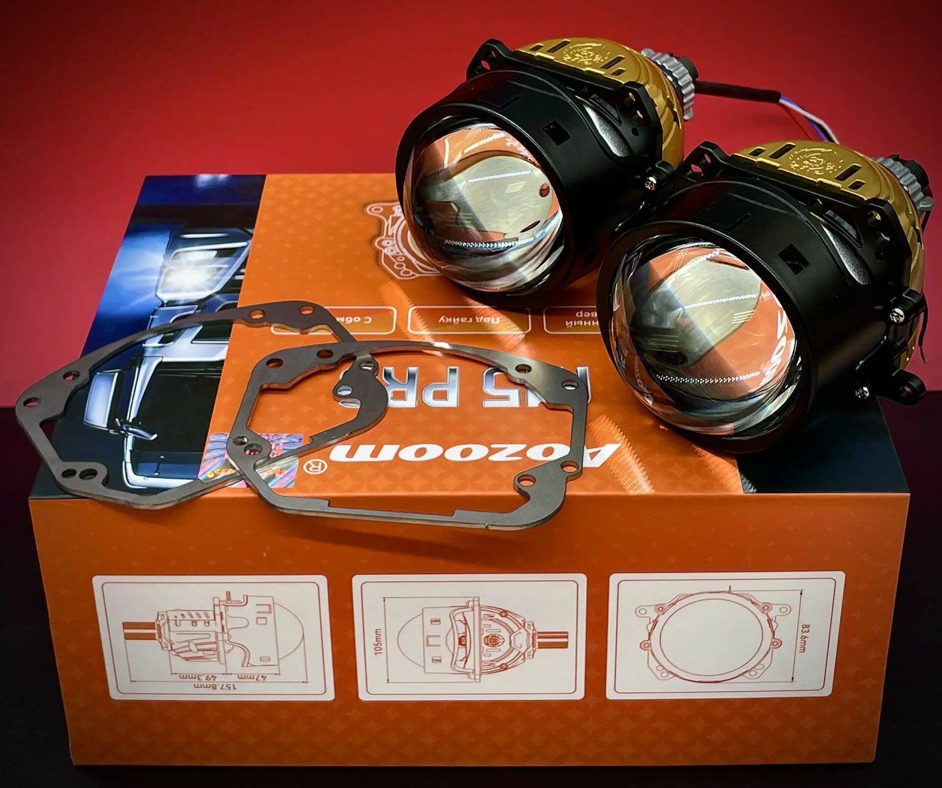 Светодиодные линзы Aozoom A15 4300K для Honda Civic 7 2003-2006 / Хонда Цивик - 3 дюйма, 2 чипа - 58W / 65W - Теплые как галоген - Желтый свет