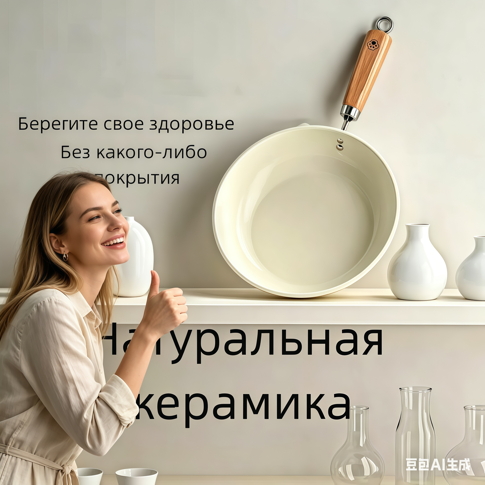 Сковорода, керамика, антипригарная, с крышкой, для газовых, индукционных плит, 24 см, белая