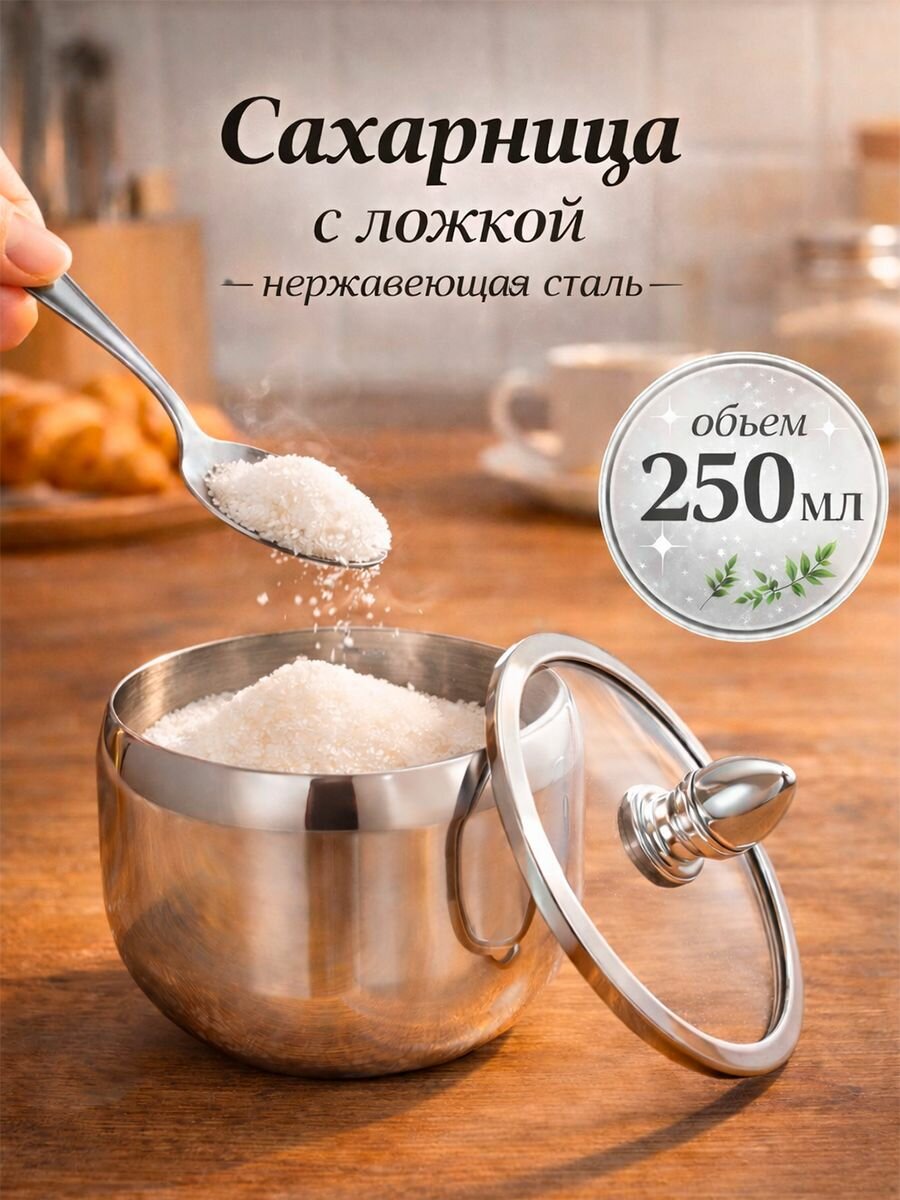 Сахарница металлическая, объем 250 мл, с ложкой