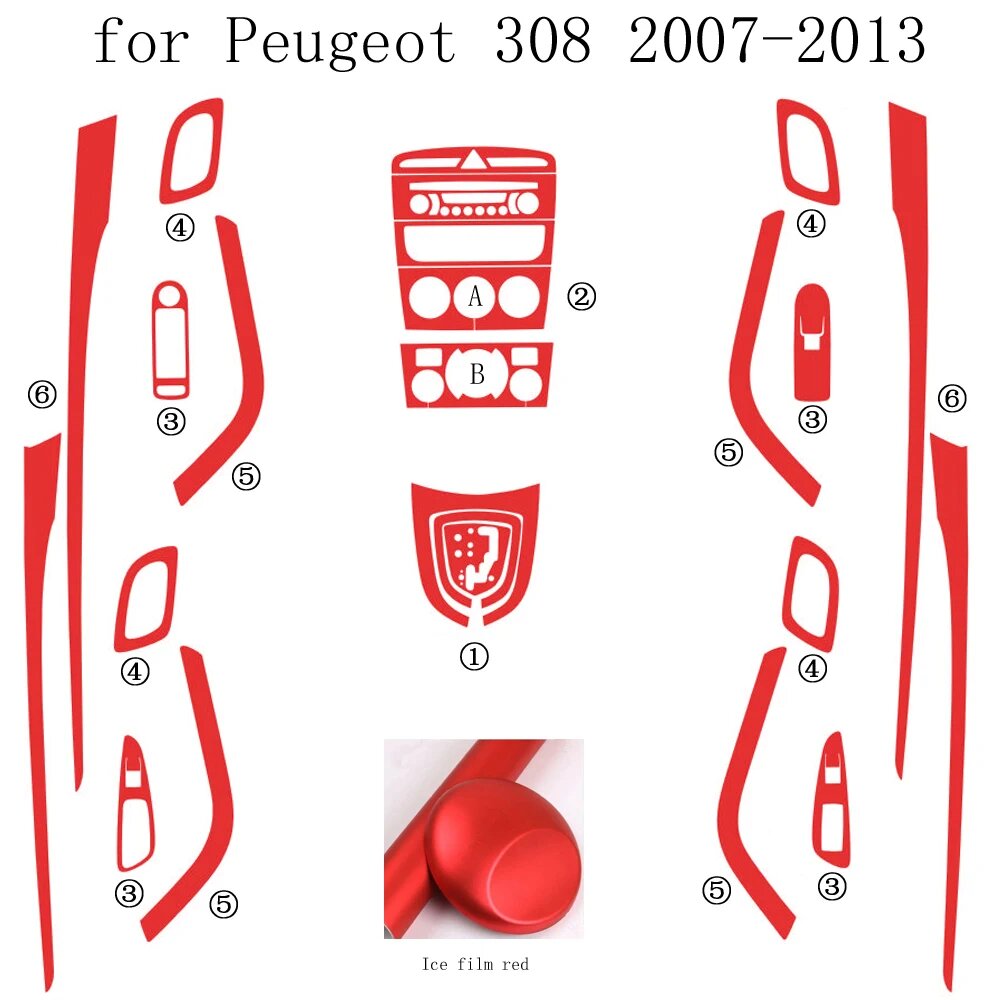 Наклейки в салон Peugeot 308 2007-2013, Ice film red, LHD