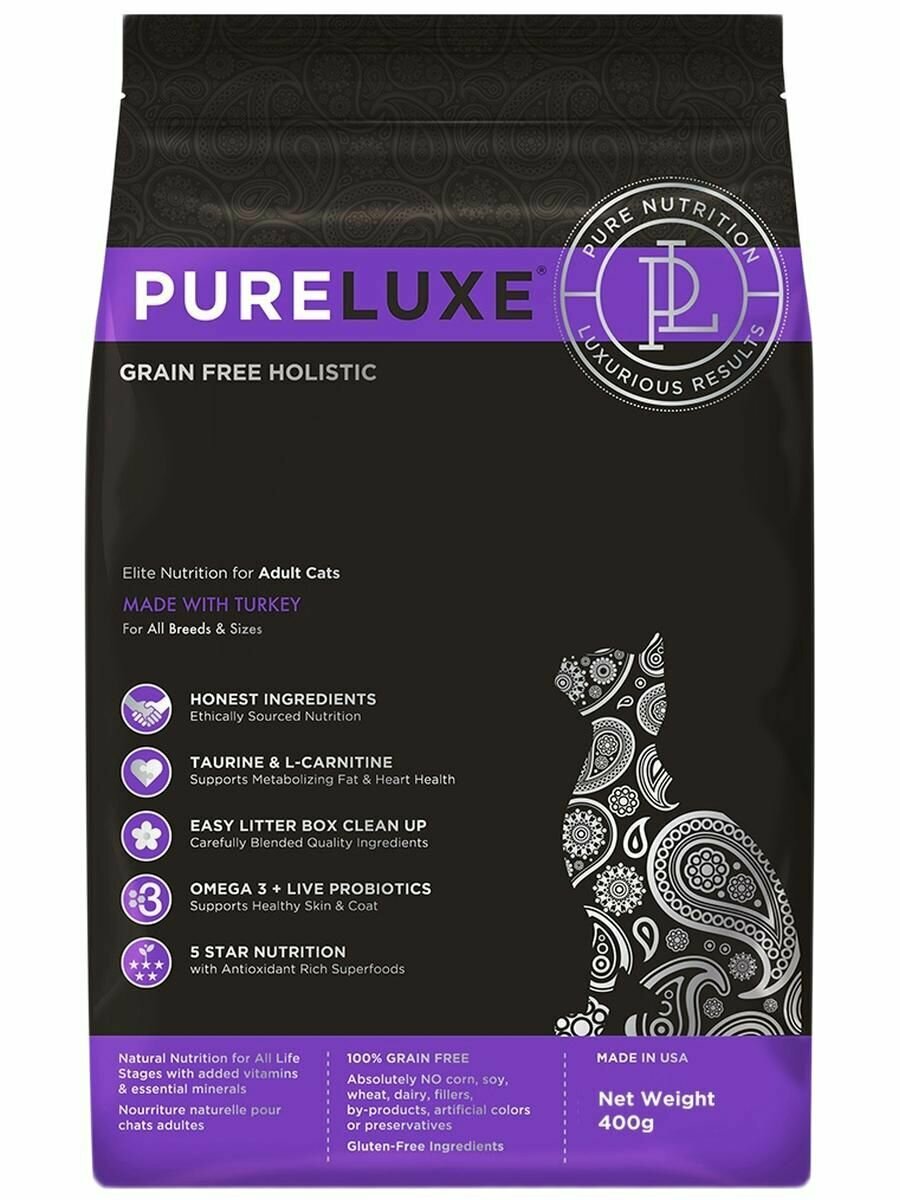 Сухой беззерновой корм PureLuxe Пурлюкс для взрослых кошек с индейкой, 400г