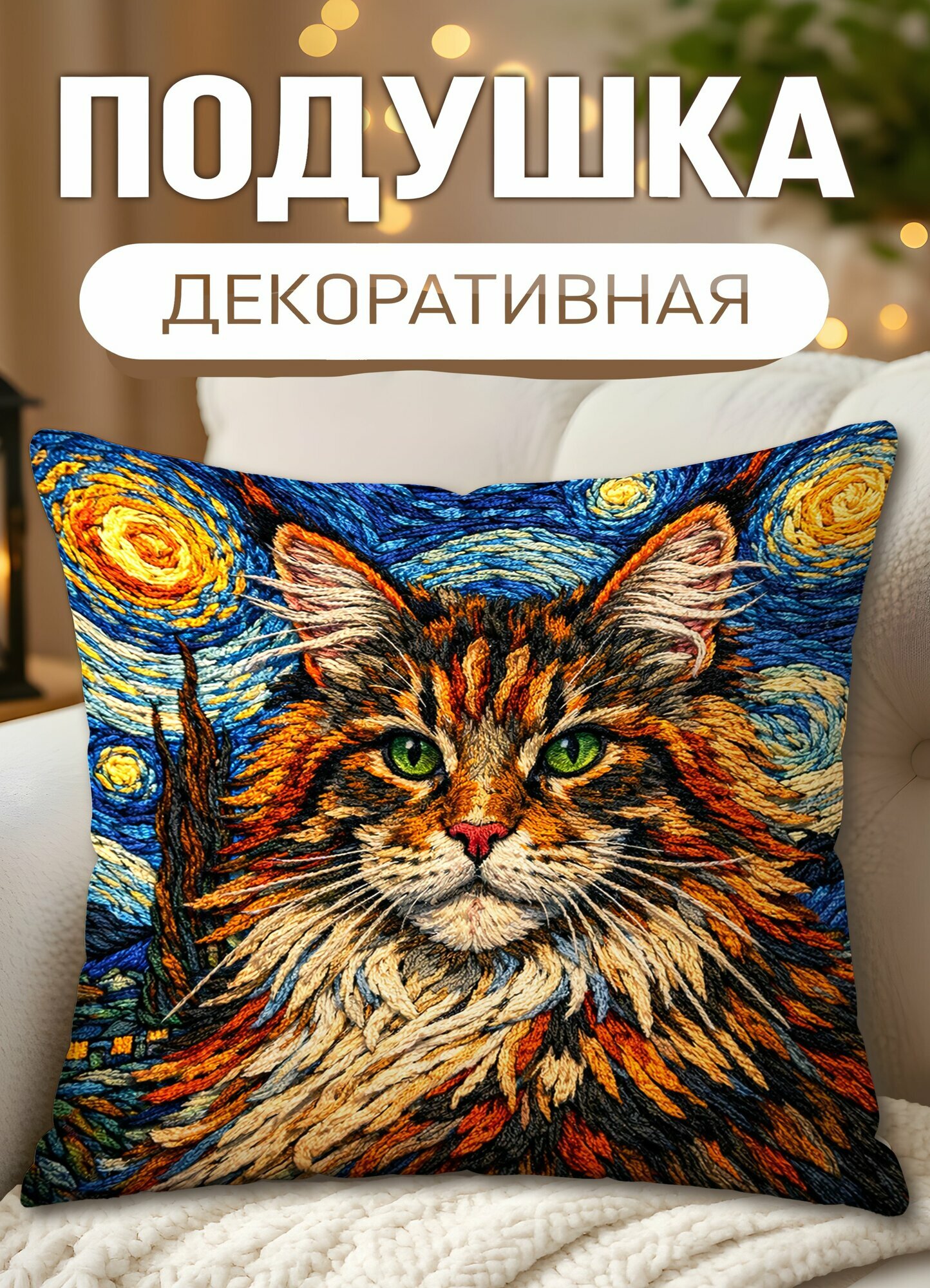 Подушка декоративная с принтом Кошки Ван Гог Звездная ночь Мейн-кун, размеры 40 х 40 см, 1 шт.