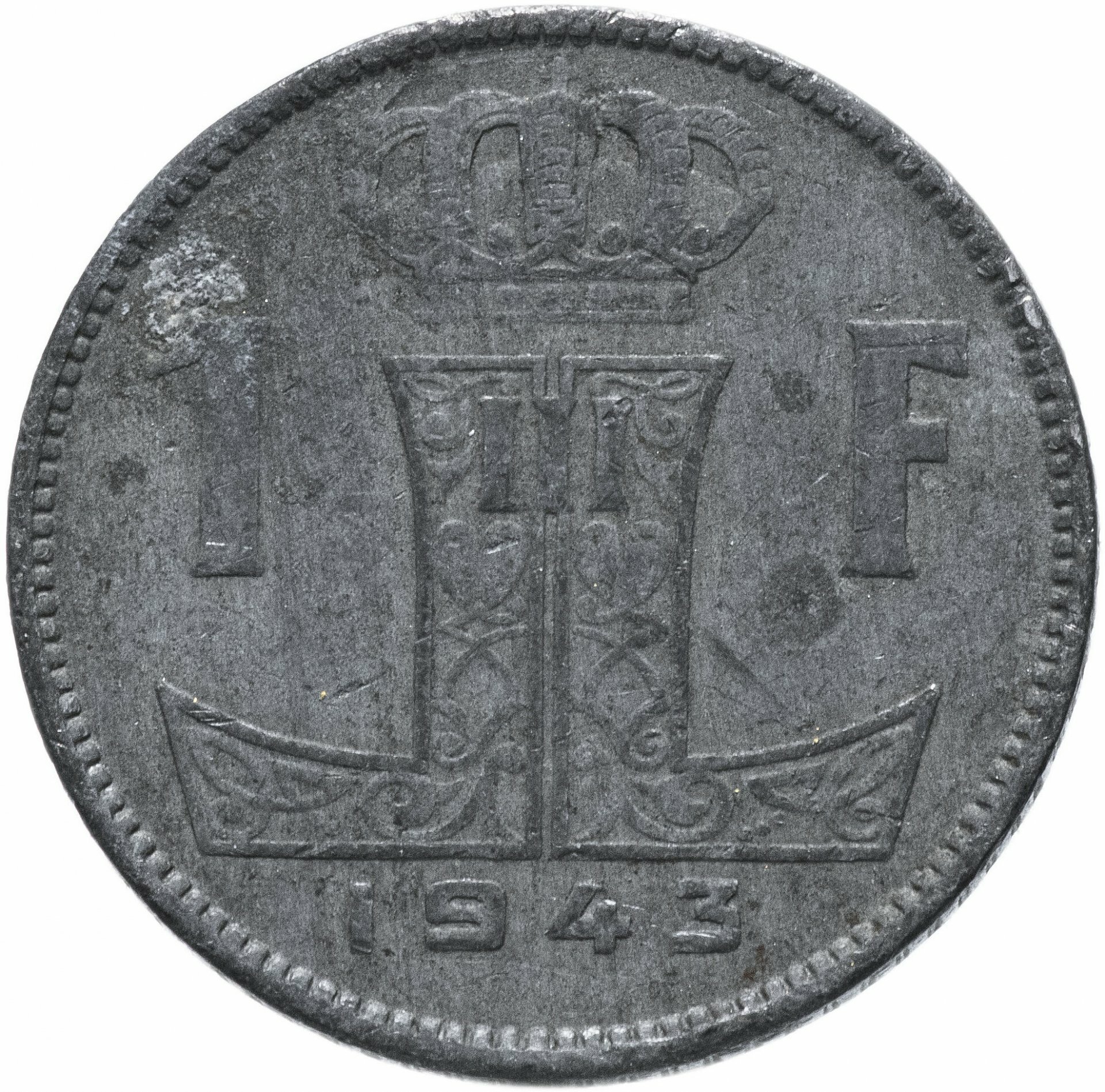 Бельгия 1 франк 1942-1946 België - Belgique Цинк, в сохранности VF-XF