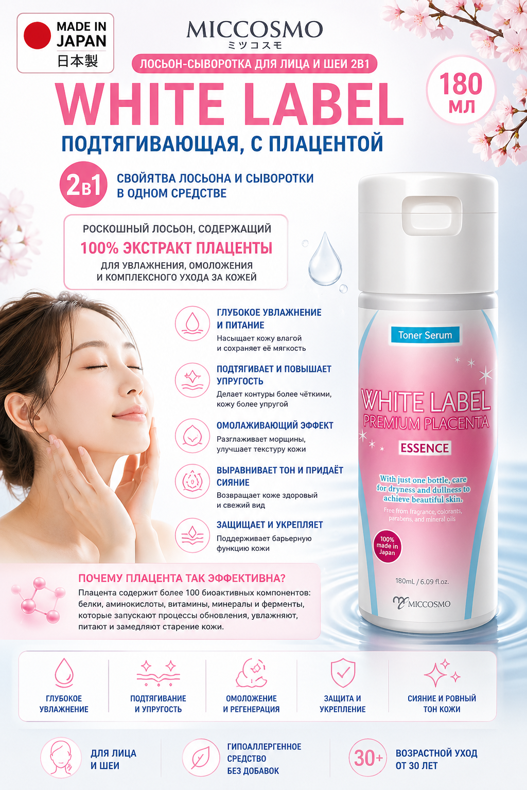 Сыворотка для лица лосьон 2в1 WHITE LABEL подтягивающий с плацентой 180 мл