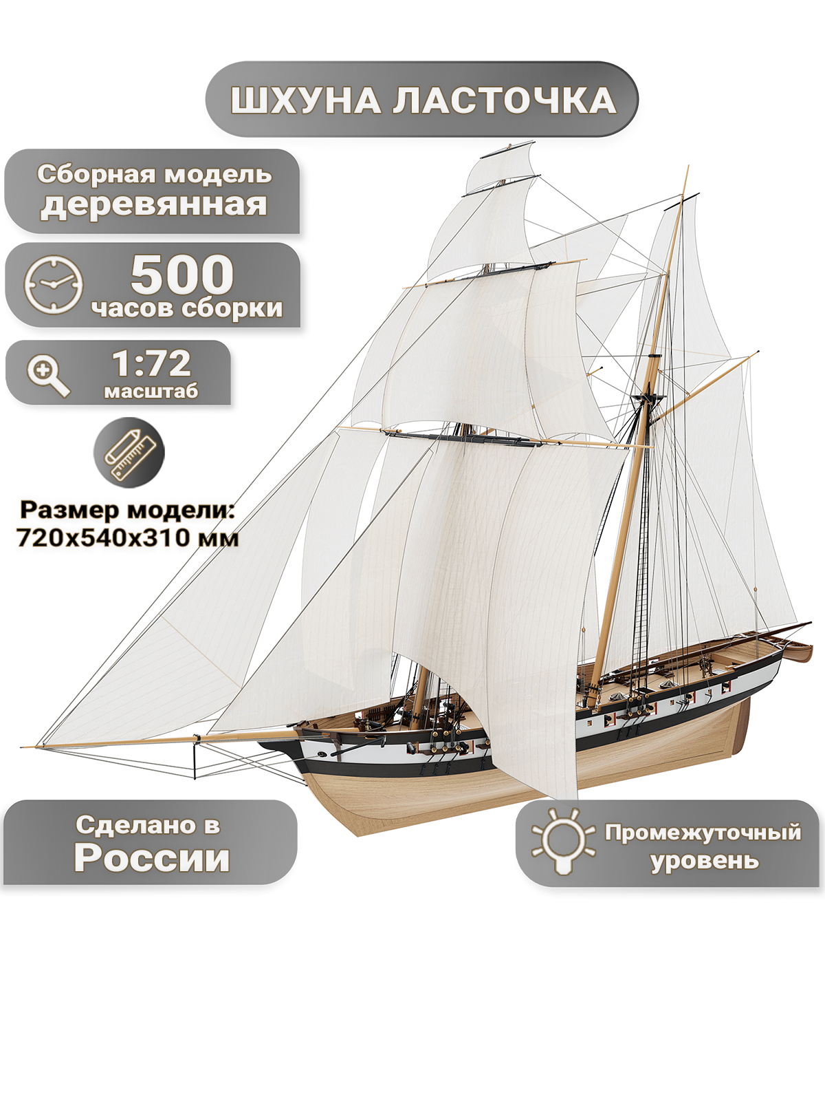 Сборная модель из дерева, шхуна Ласточка, 500 часов, М.1:72, Россия