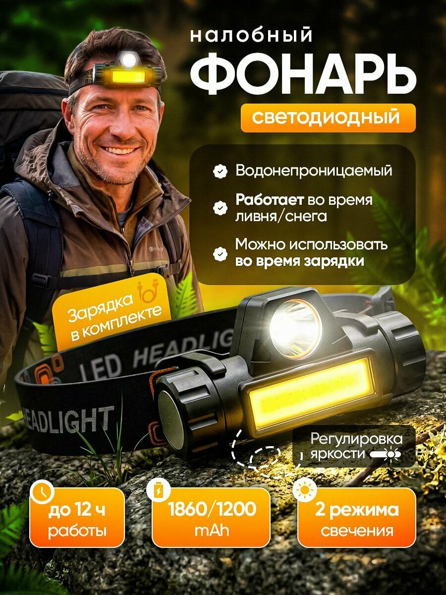 Фонарь/прожектор налобный, аккумуляторный, водонепроницаемый, 2 режима, с магнитом налобный фонарь прожектор аккумуляторный фонарь магнитофон водонепроницаемый фонарь