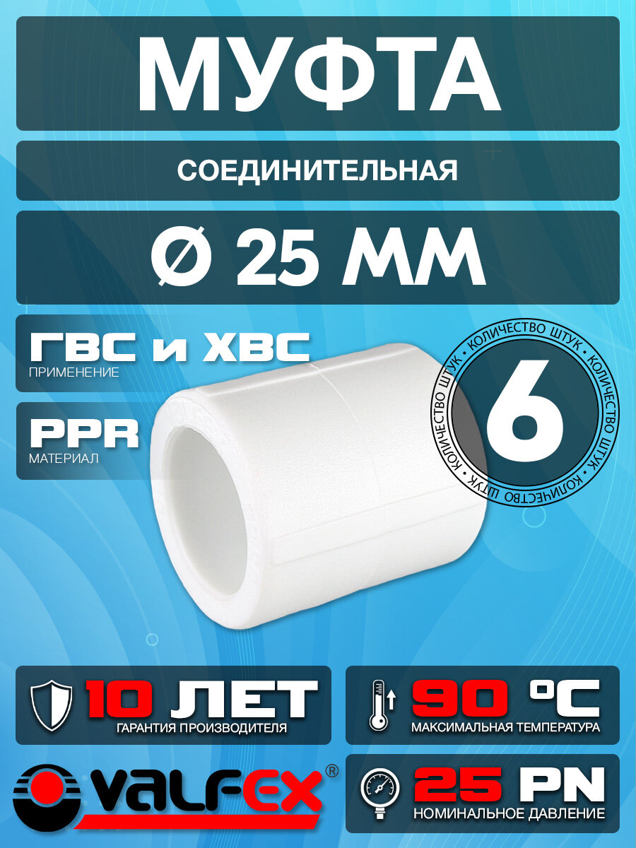Муфта полипропиленовая соединительная, для труб диаметром 25мм. (6 шт)