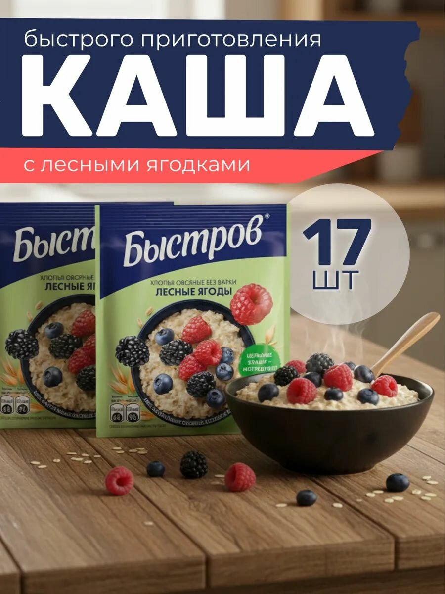 Хлопья Быстров овсяные с лесными ягодами, не требующие варки, 40 г х 17 шт