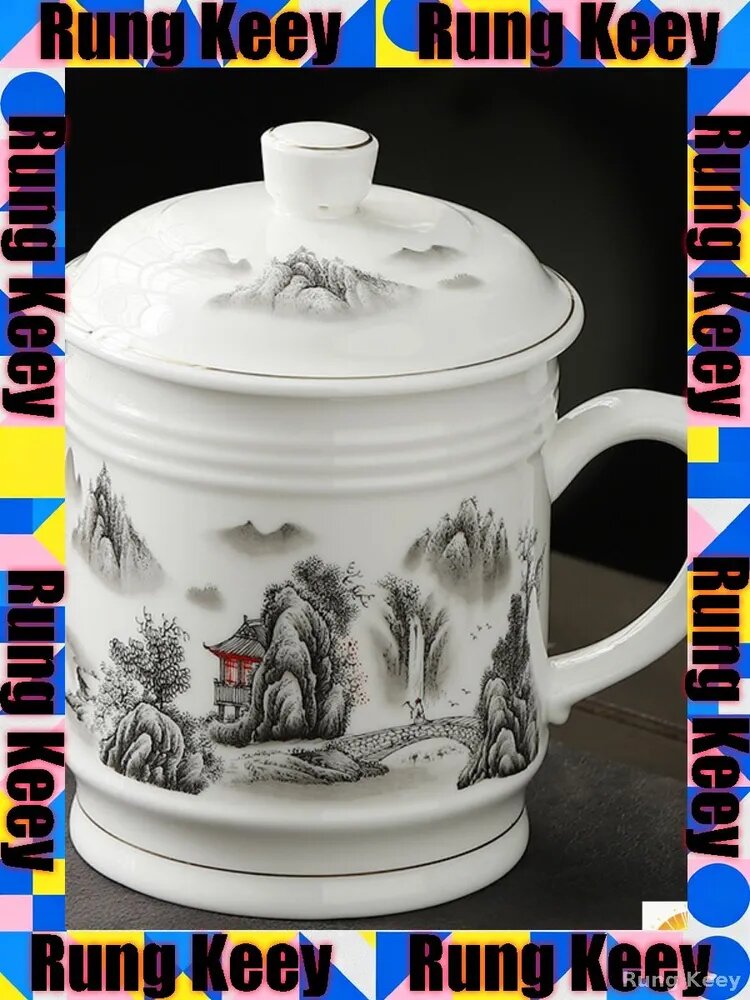 Rung Keey Кружка с крышкой, костяной фарфор, 950 мл, 1 шт, для горячих напитков, универсальная