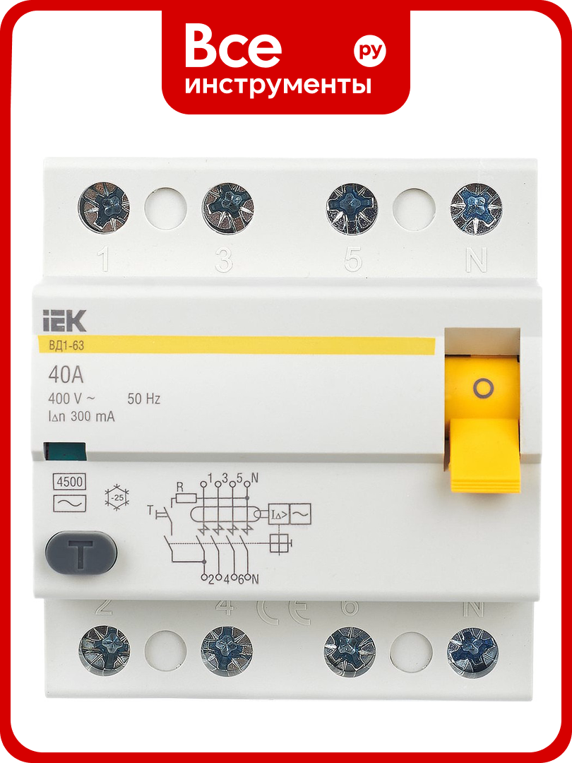 Выключатель, IEK, дифференциального тока IEK 4п 40A 300mA тип AC ВД1-63 ИЭК