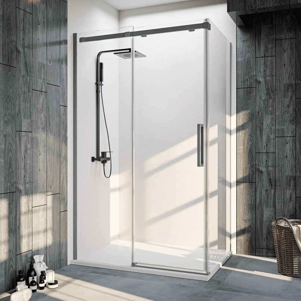 Душевой уголок Veconi Rovigo RV-070GR без поддона, стеклянный, черный, 160x90, серый, прямоугольный, раздвижной