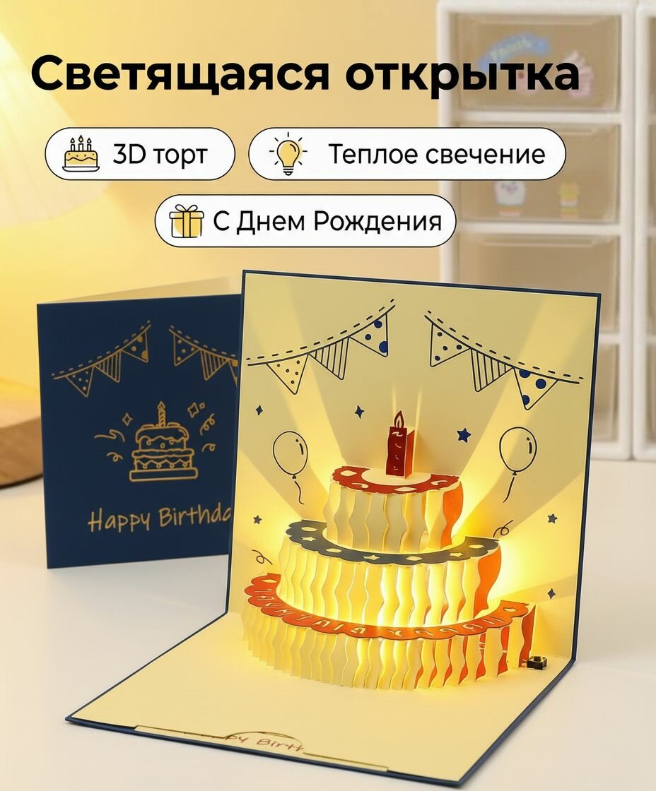 Открытка с днём рождения 3D с подсветкой/ Объемная поздравительная открытка-торт Happy Birthday