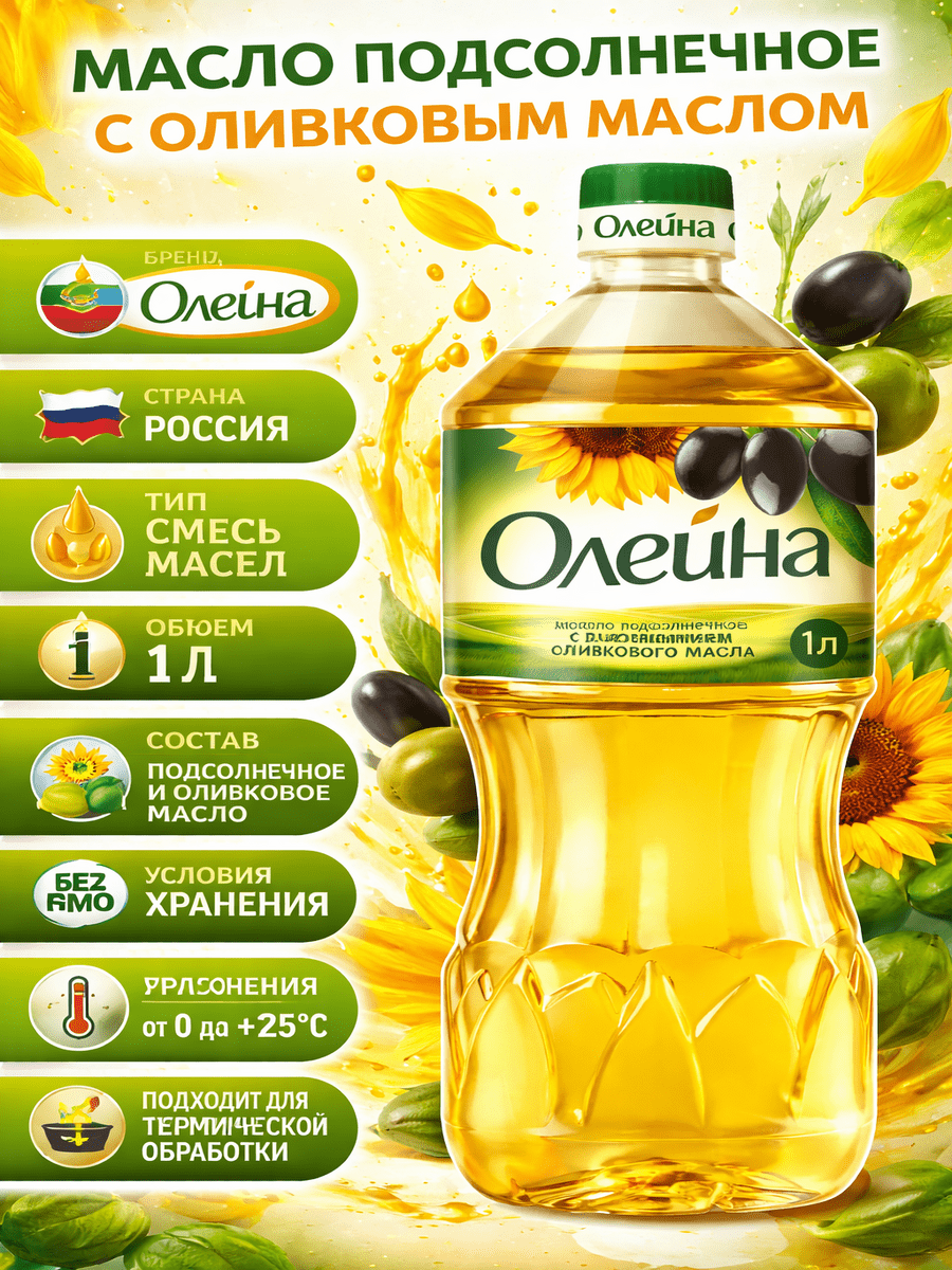 Масло подсолнечное Олейна с добавлением оливкового масла, 1л