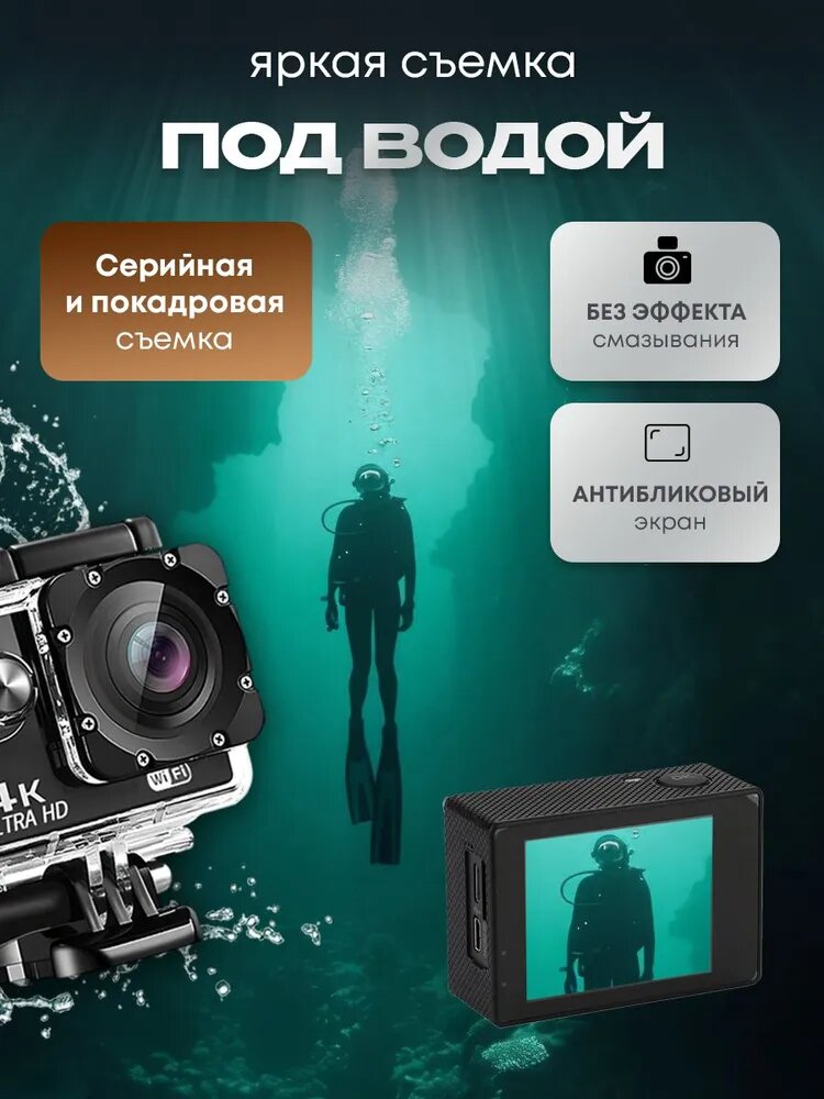 Экшен камера 4K водонепроницаемая с креплением на шлем/велосипед/авто и защитным кейсом / экшн камера, Wi-Fi