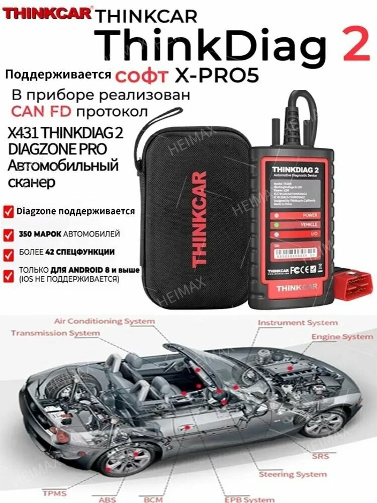 Автосканер x431 THINKDIAG 2 DIAGZONE PRO (Диагзона), 600+ марок, 45 специальных функций, кодирование, адаптации, тесты механизмов, can FD