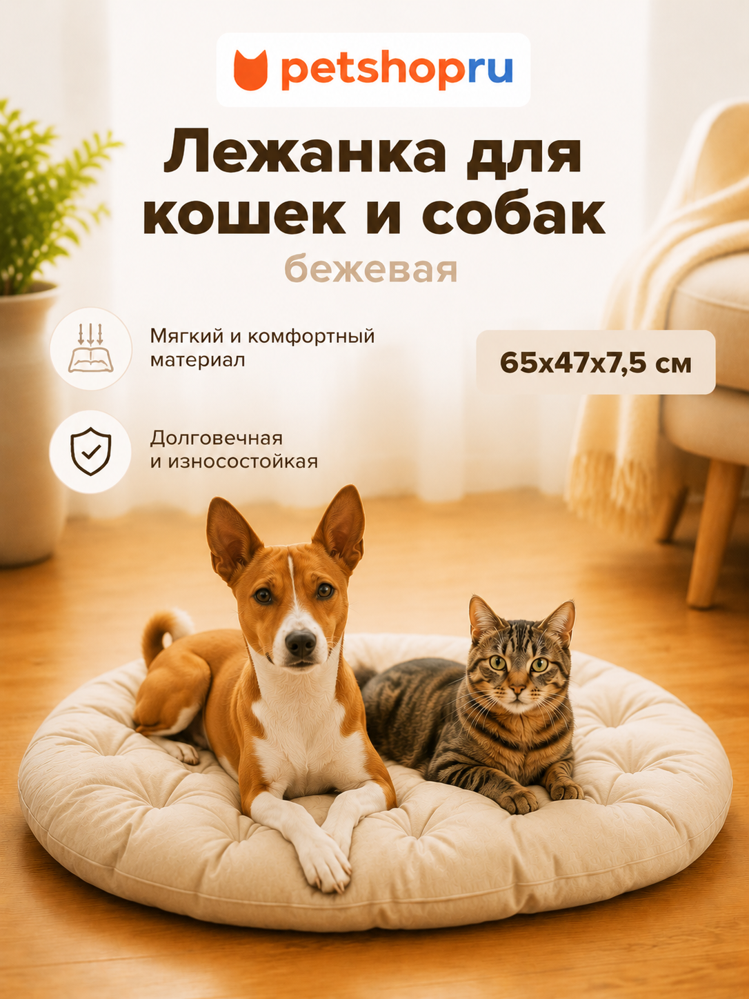 PETSHOP Лежанка для кошек и собак овальная, мягкая стёганая для кошек и собак, бежевая 65*47*7,5см