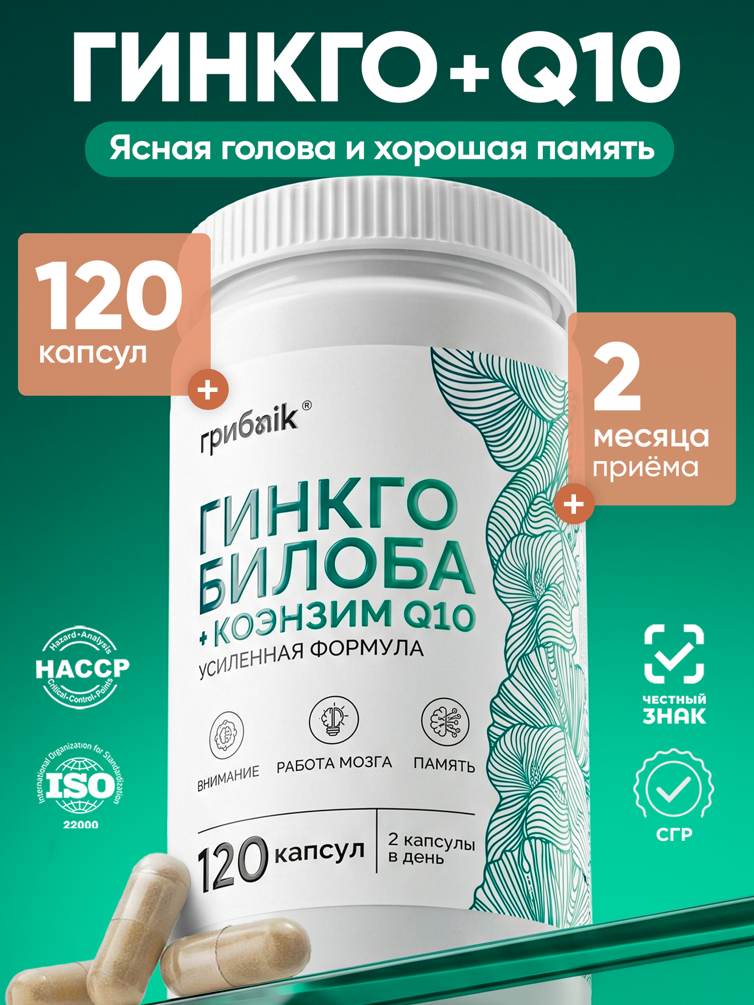 Гинкго билоба + коэнзим q10, 120 капсул, 400 мг в 2 капсулах, капсулы по 552 мг, грибnik