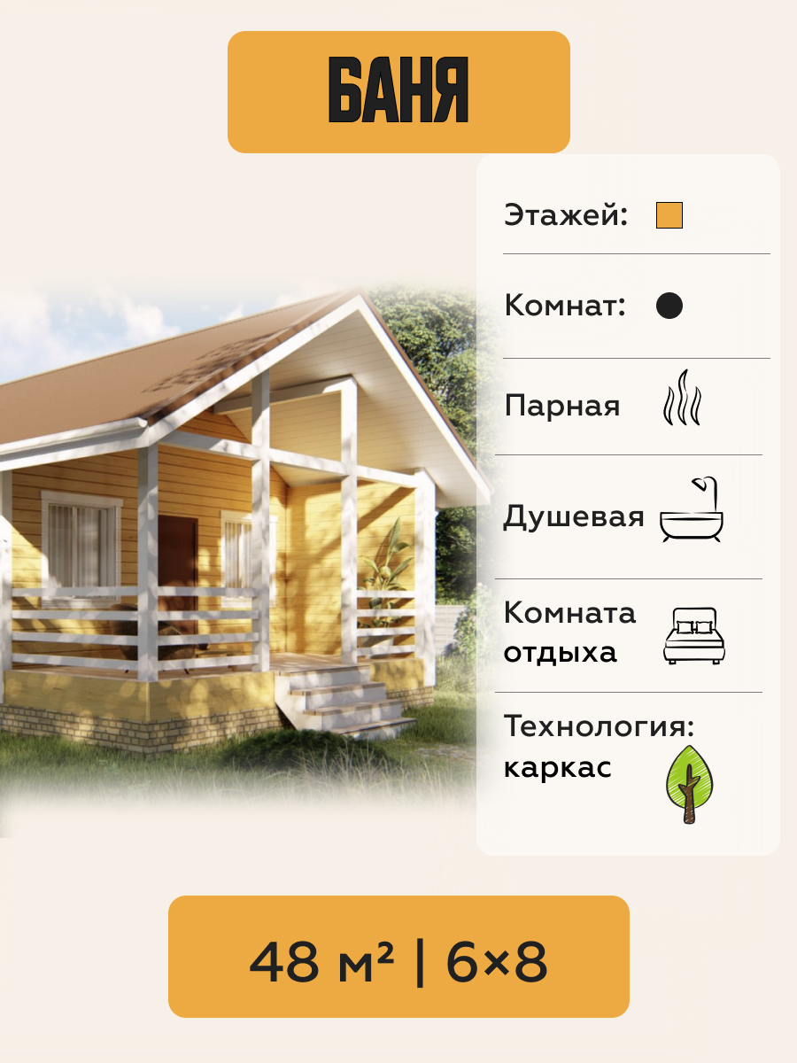 Готовый проект каркасной бани для дачи - 6,0x8,0 - 48 м