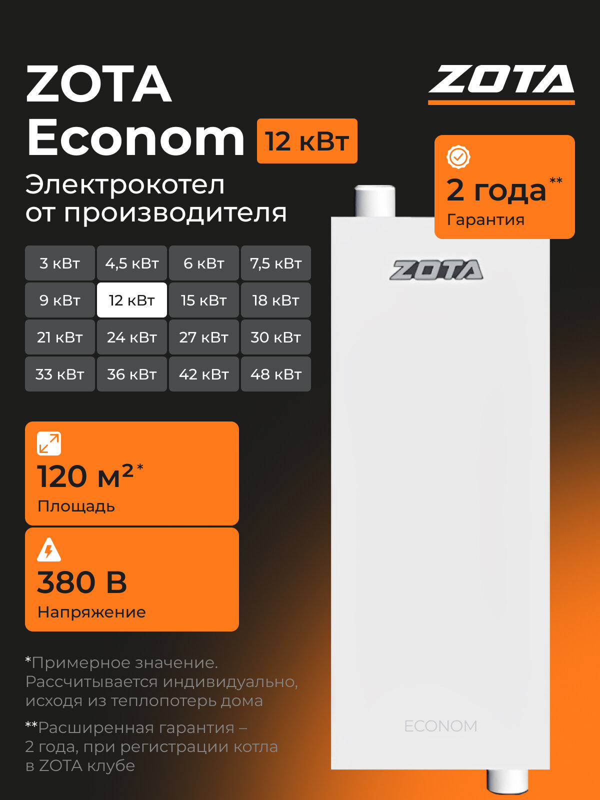 Котел электрический отопления ZOTA Econom V2 12 кВт (120м2), электрокотел c ПУ на электромагнитных реле ZE3468421212