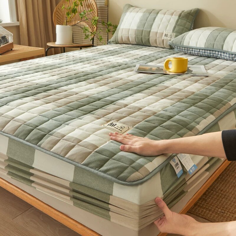 Чехол для матраса из 100% хлопка, зеленый крупный клетчатый, 90x200 см, 2-комплект (чехол + чехол на подушку)