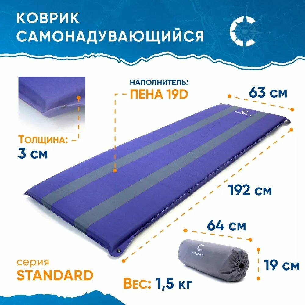 Самонадувающийся коврик туристический 3 см толщина "следопыт" Standart 192x63x3 cм , Походный матрас кемпинговый, Коврик в палатку самонадувной