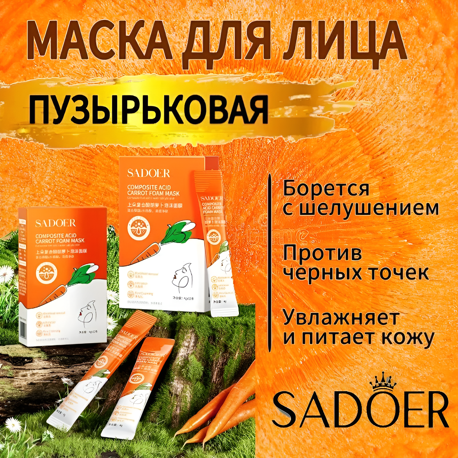 SADOER. Пенная композитная пузырьковая маска Carrot Foam Mask с экстрактом Моркови в саше, 12шт.*4гр.