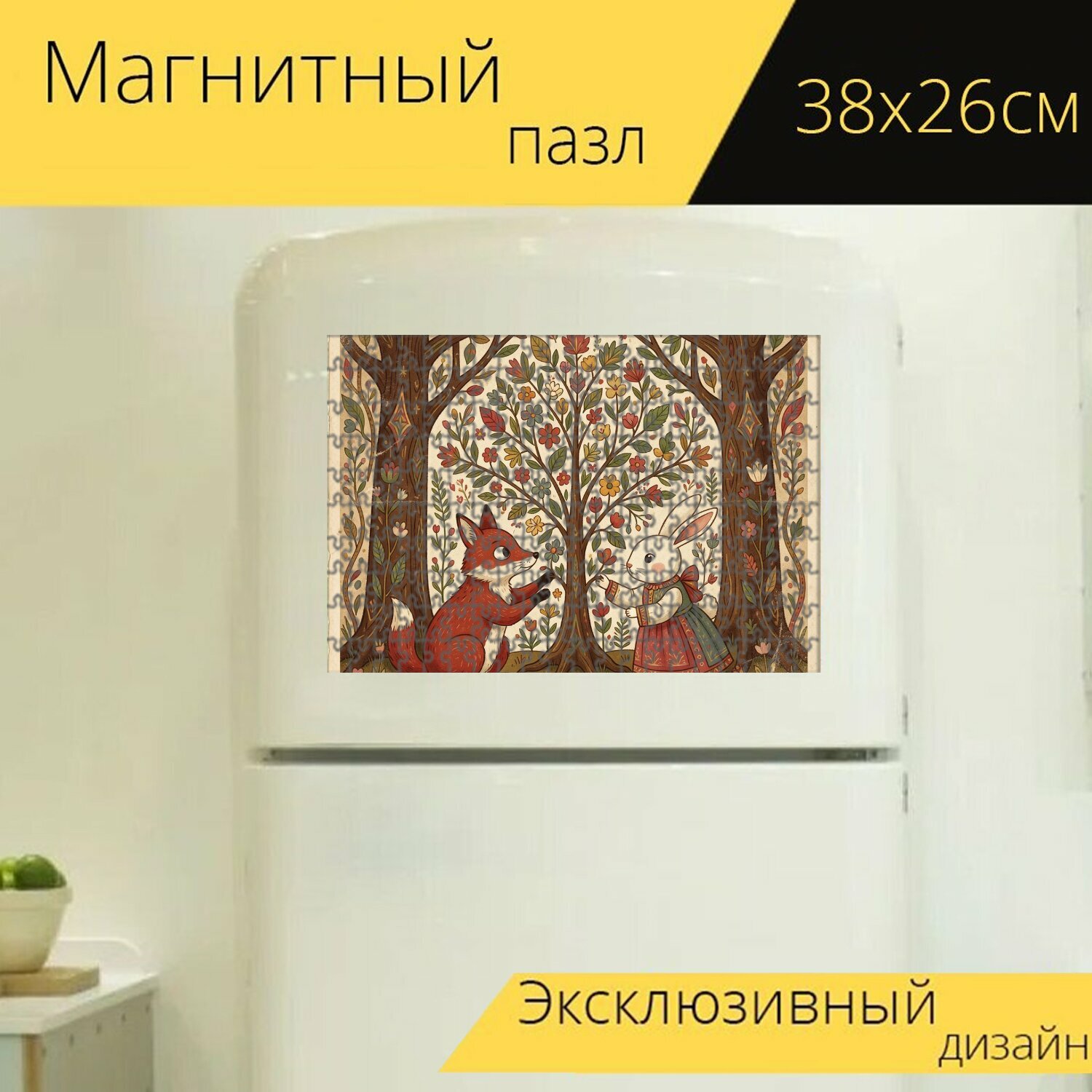 Магнитный пазл "Лиса и зайчик в лесу. Сказочная лесная сцена в винтажной иллюстрации: рыжий зверек и белый ушастый персонаж у дерева среди цветов и осенней." для интерьера, 38х26 см.