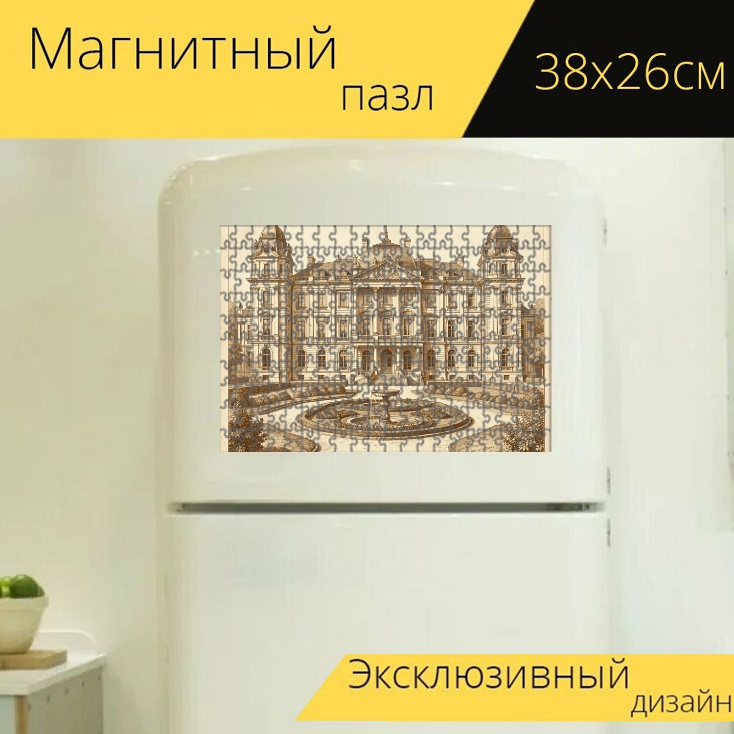 Магнитный пазл "Старинный дворец с фонтаном. Элегантный исторический особняк в стиле барокко с симметричным садом, аллеями и каскадной чашей. Сепия." для интерьера, 38х26 см.