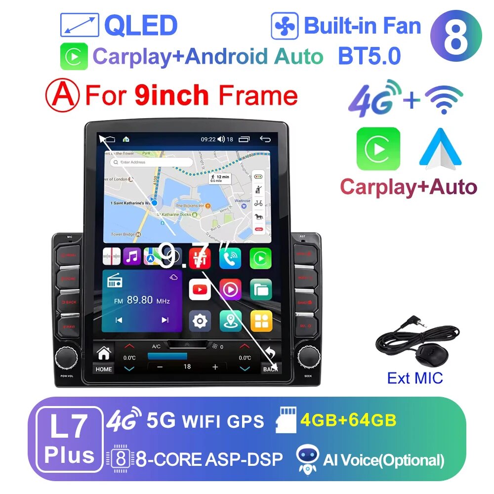 Автомагнитола 9" L7 Plus (4/64GB) Carplay Android, QLED
