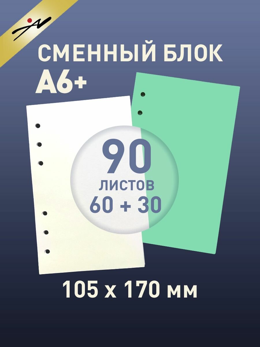 Сменный блок А6+ на 6 колец белый/зеленый 90 листов (60+30) от Nauru Art