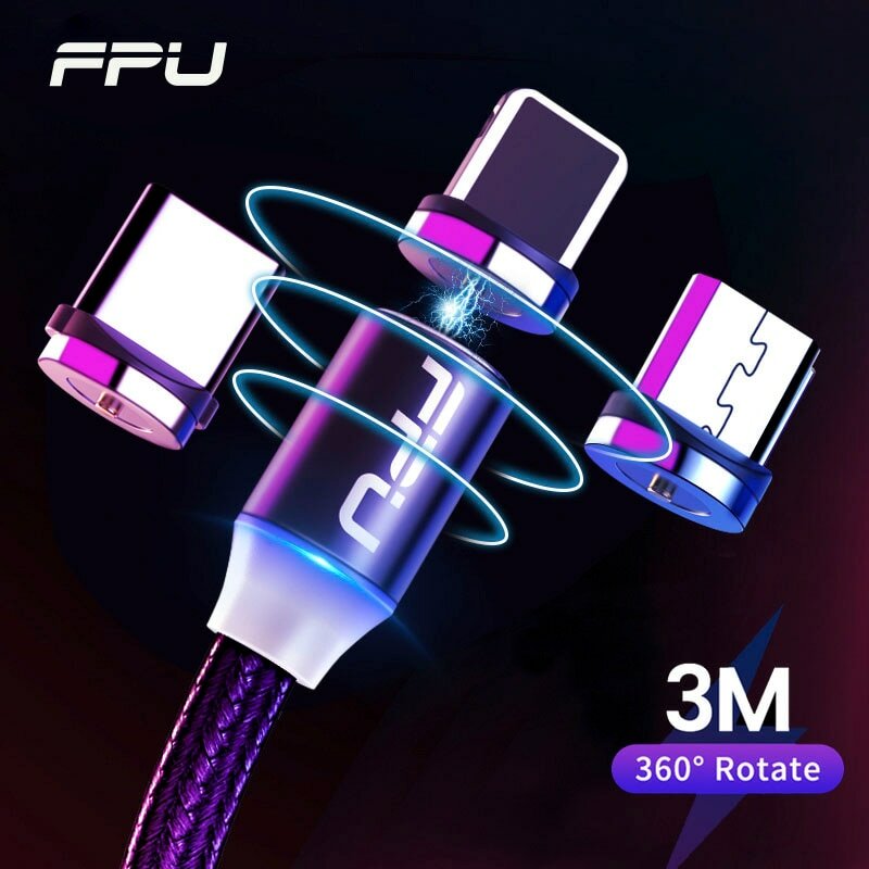 FPU 3m Магнитный Micro USB Type C Кабель Быстрая зарядка USB Type-C Магнитный кабель для iPhone Samsung Android Мобильны