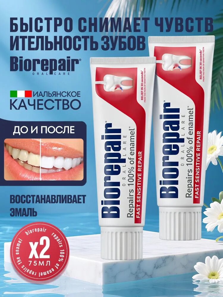 Зубная паста Biorepair Fast Sensitive Repair для чувствительных зубов, 75 мл, 2 шт