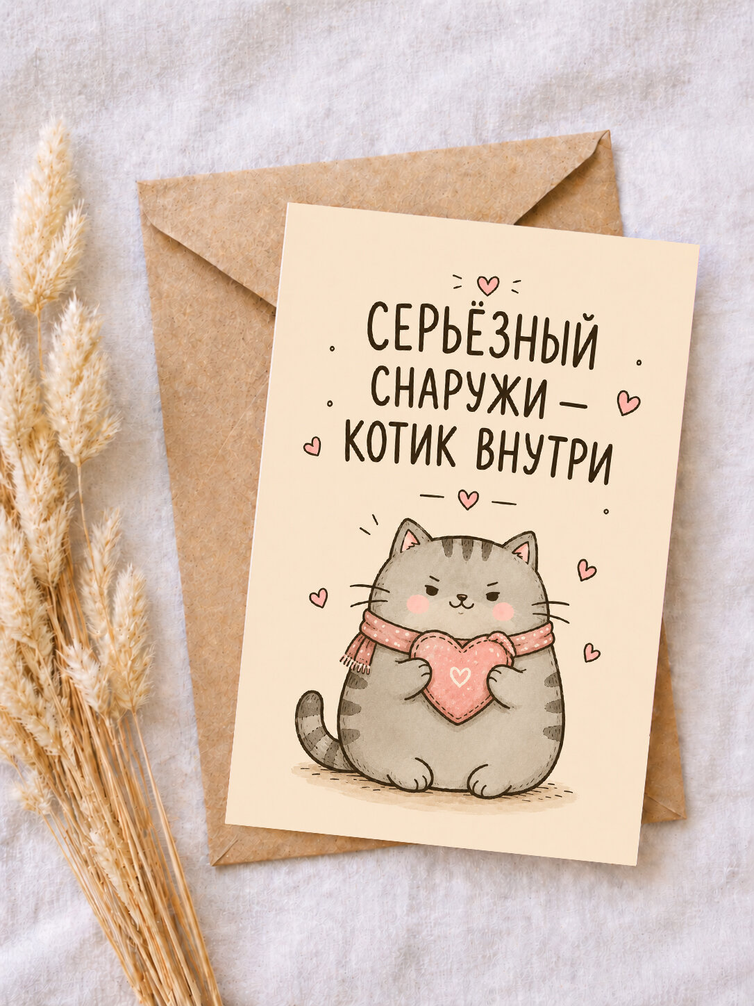 Открытка «Серьёзный снаружи — котик внутри» с милым котом, прикольная открытка 10×15 см с крафт-конвертом