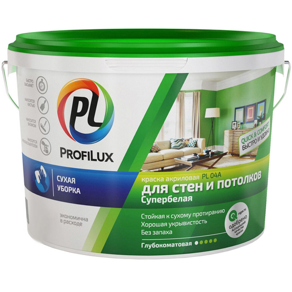 Краска для стен и потолков акриловая Profilux PL-04А глубокоматовая супербелая 1,4 кг